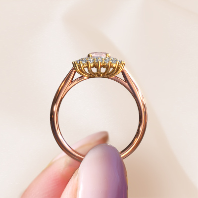 Cluster graceful engagement ring rose gold Alina 1 with morganite champagne 7x5 mm