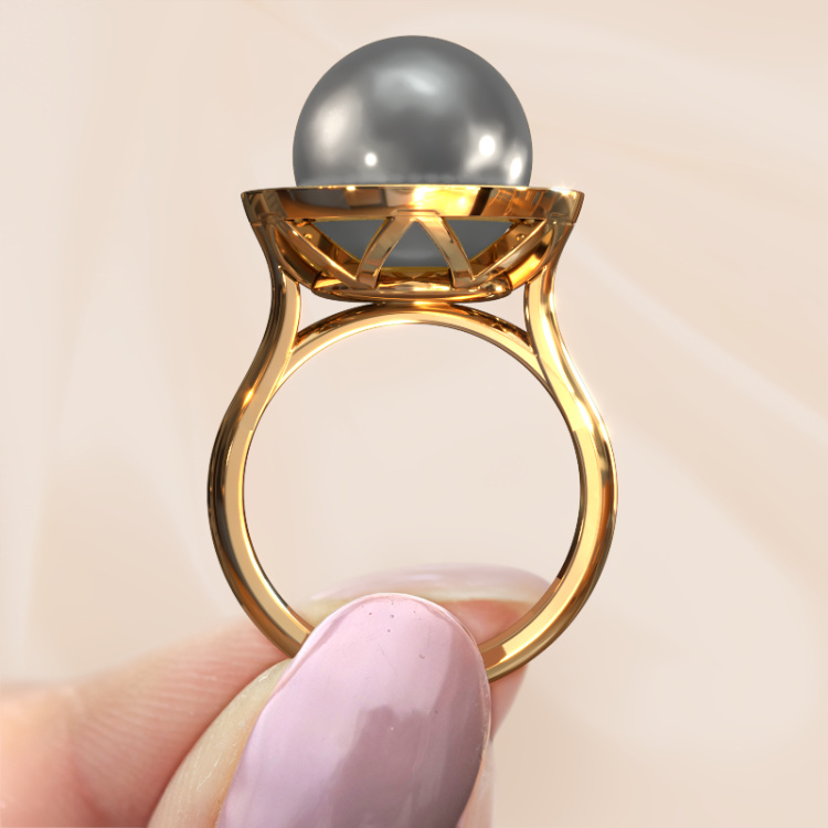 Chic tasteful gold ring Grisel | Set with 12 mm grey pearl
