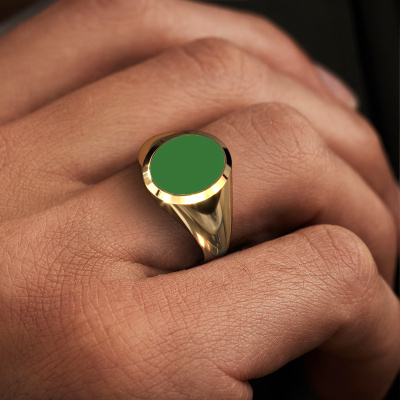 Elegant gold signet ring Herman 2 with 12x10 mm oval shape green enamel 30