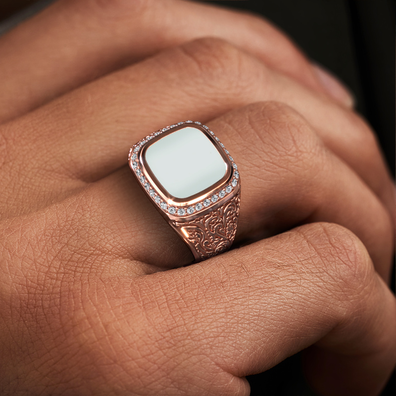 Rosé gouden vierkante Jesse 3 heren ring met 10x10 mm groene lagensteen ...