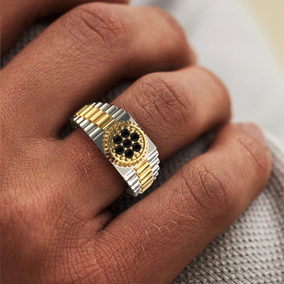 Solid white gold rolex style ring Nout with black diamond 30