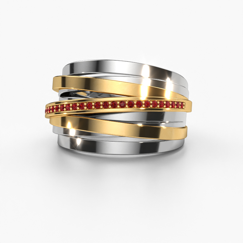 Brede, meerdere banden witgouden ring Swinda met robijn| Diamondsbyme