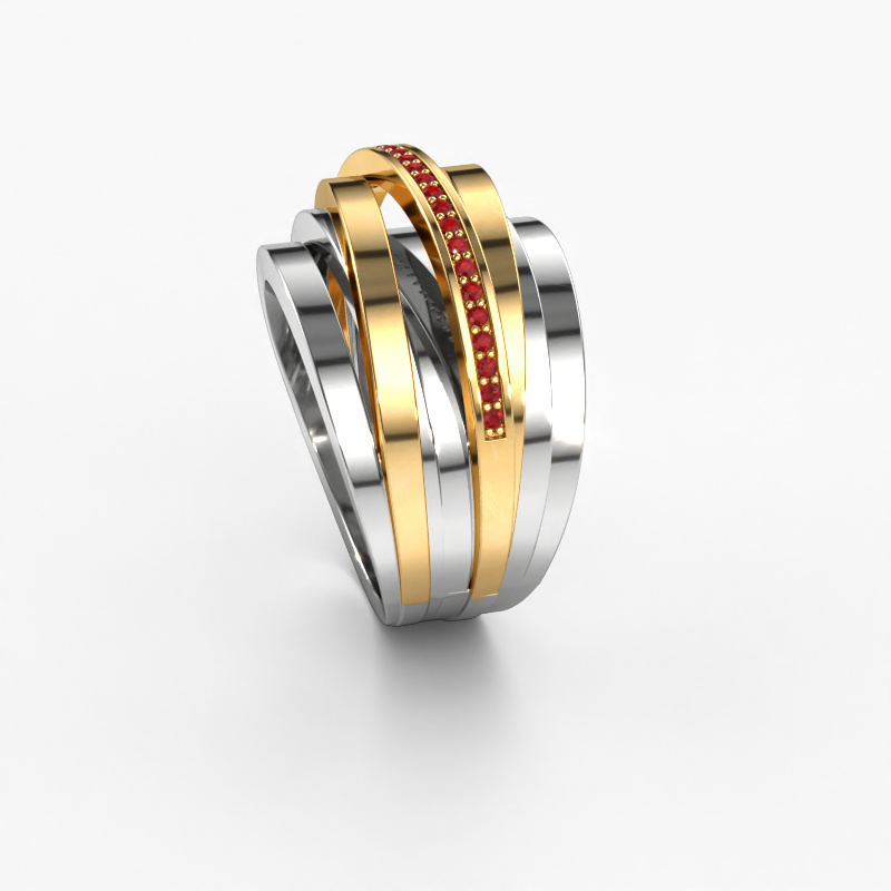 Brede, meerdere banden witgouden ring Swinda met robijn| Diamondsbyme